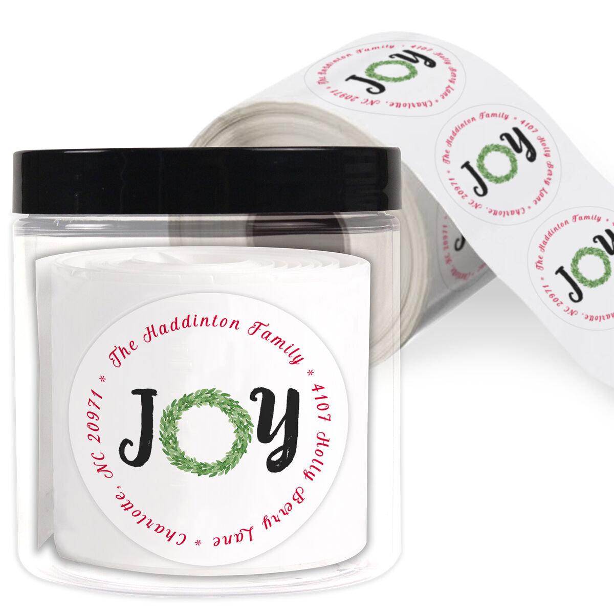 Custom Joy Wreath Round Address Labels in a Jar