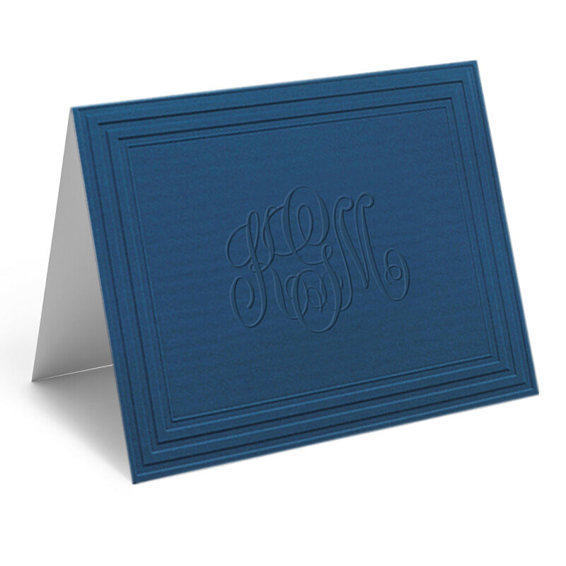 Custom Navy Classic Monogram Frame Folded Note Cards - Embossed