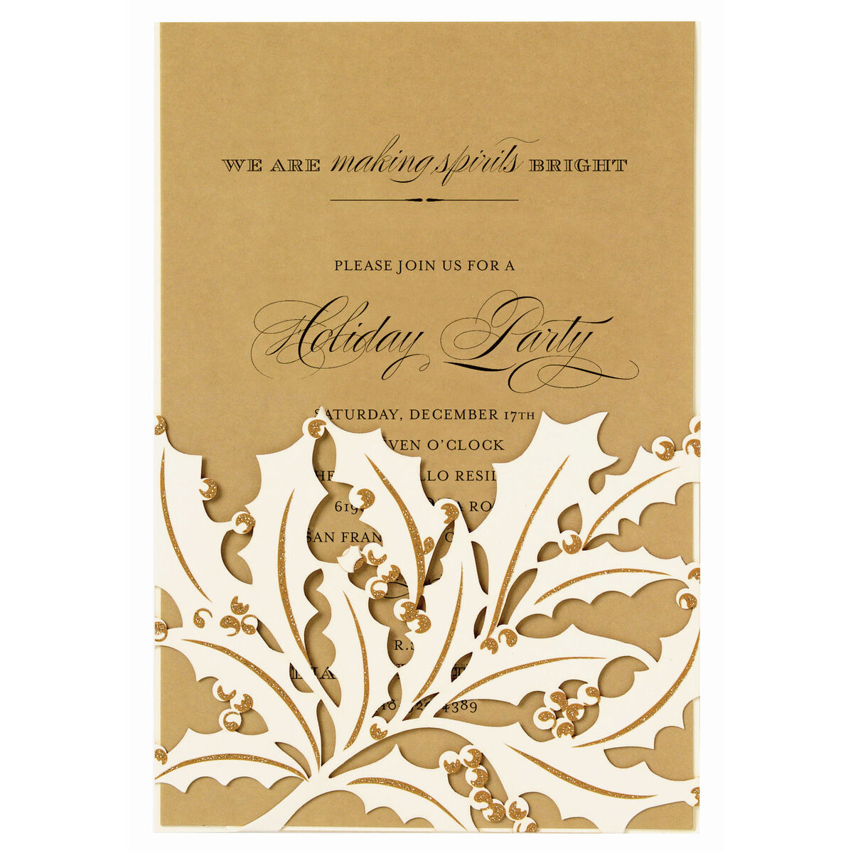 Custom Ivory Holly Leaf Die-cut Pocket Invitations