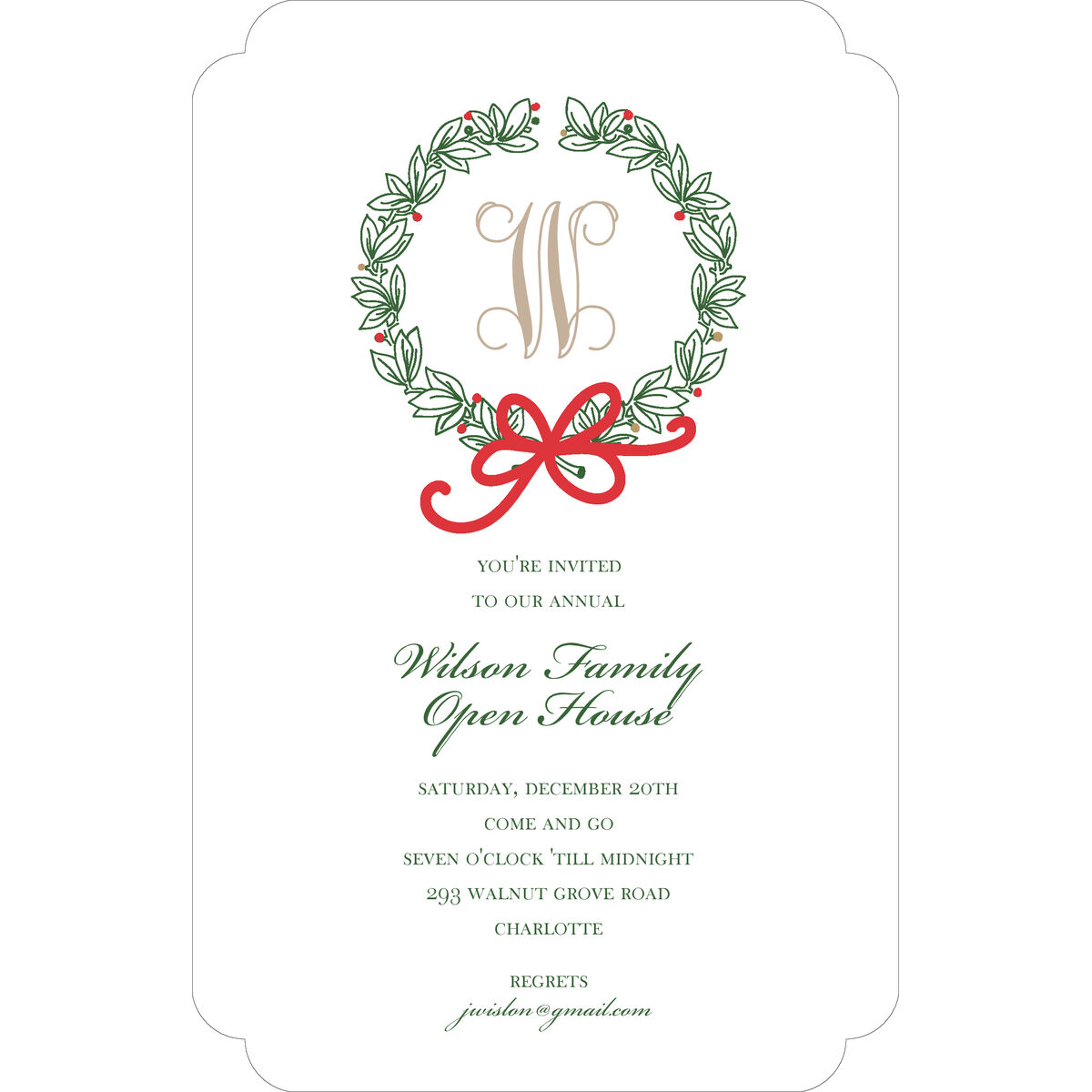 Custom Traditional Wreath & Ribbon Invitations