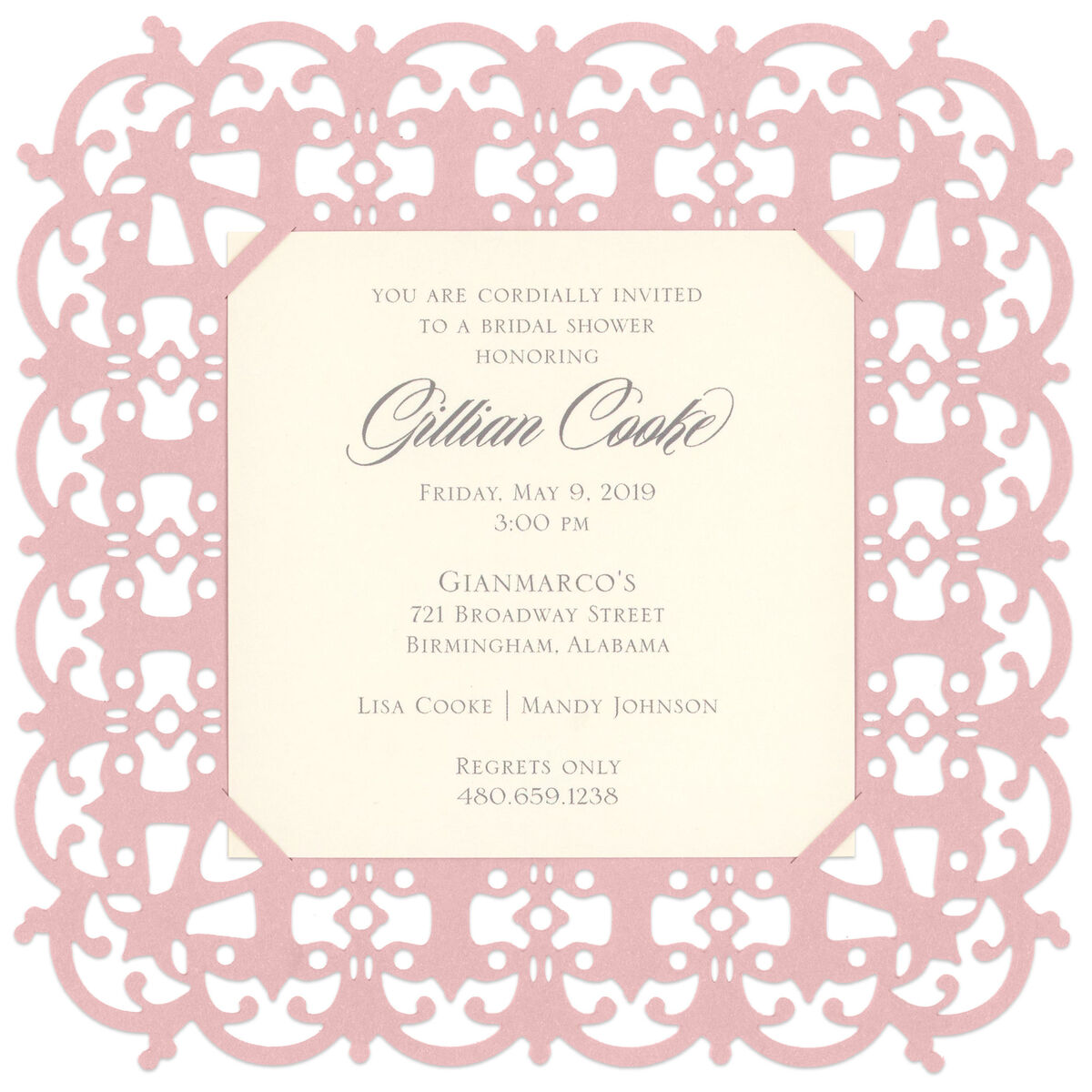 Custom Pink Blush Filigree Die-cut Frame Invitations