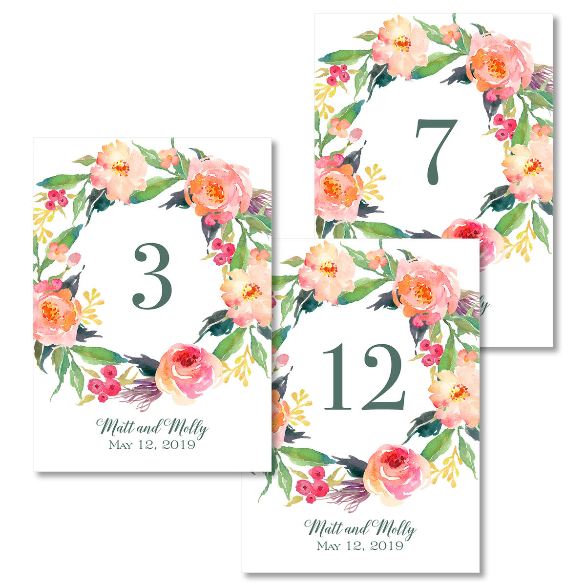 Custom Watercolor Floral Wreath Table Number Cards