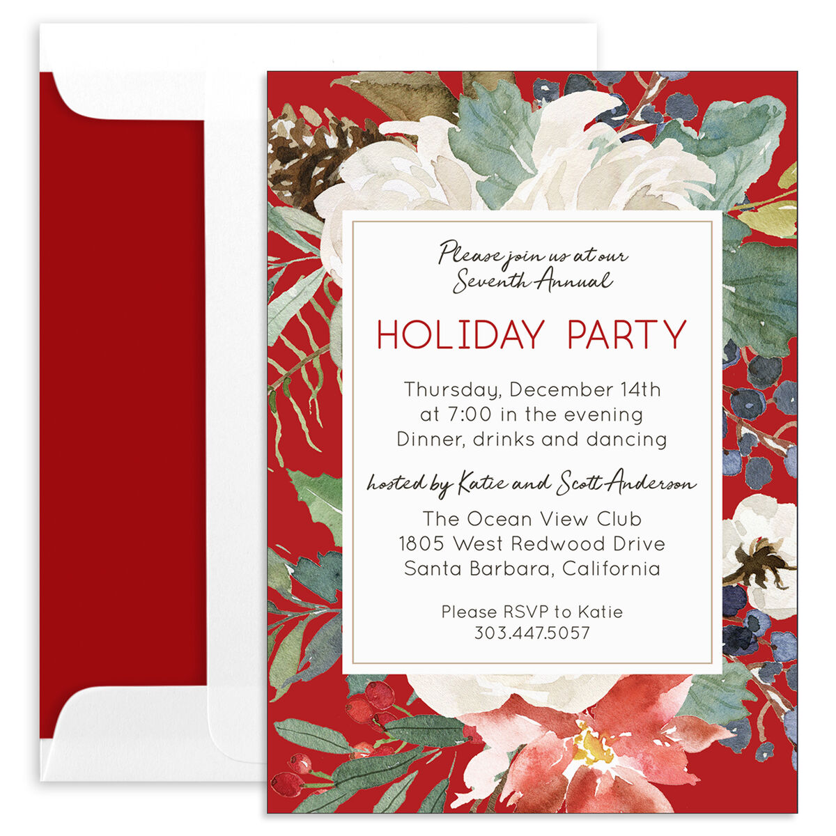 Red Christmas Floral Border Invitations