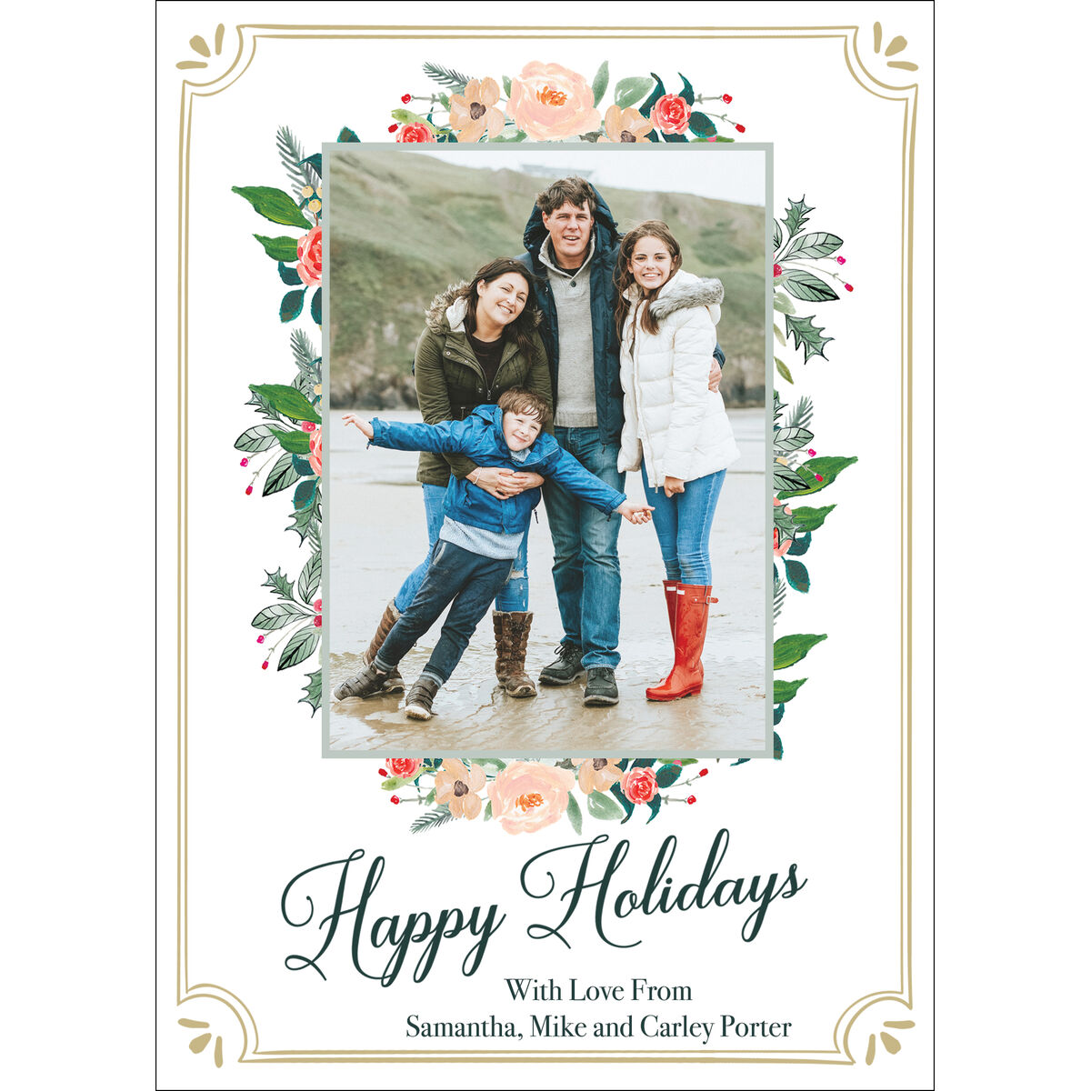 Custom Winter Floral Frame Holiday Photo Cards