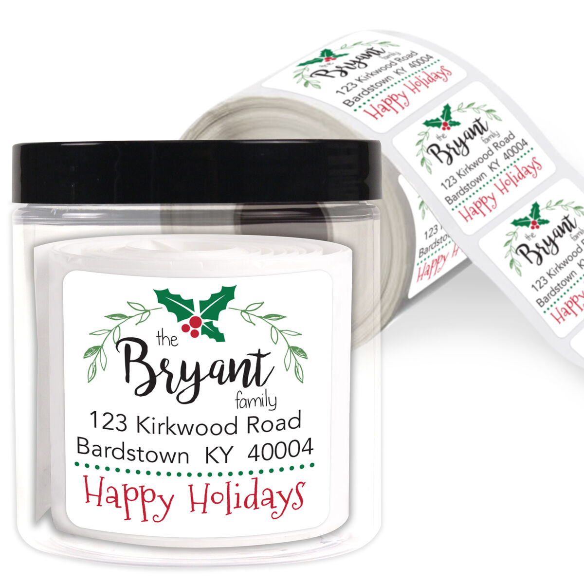 Custom Holly Swag Square Address Labels in a Jar