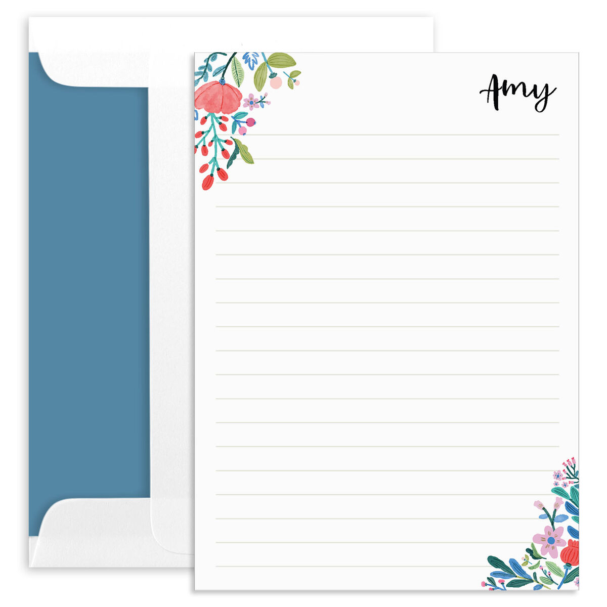 Personalized Bright Blooms Flat Note Cards with Writing Lines