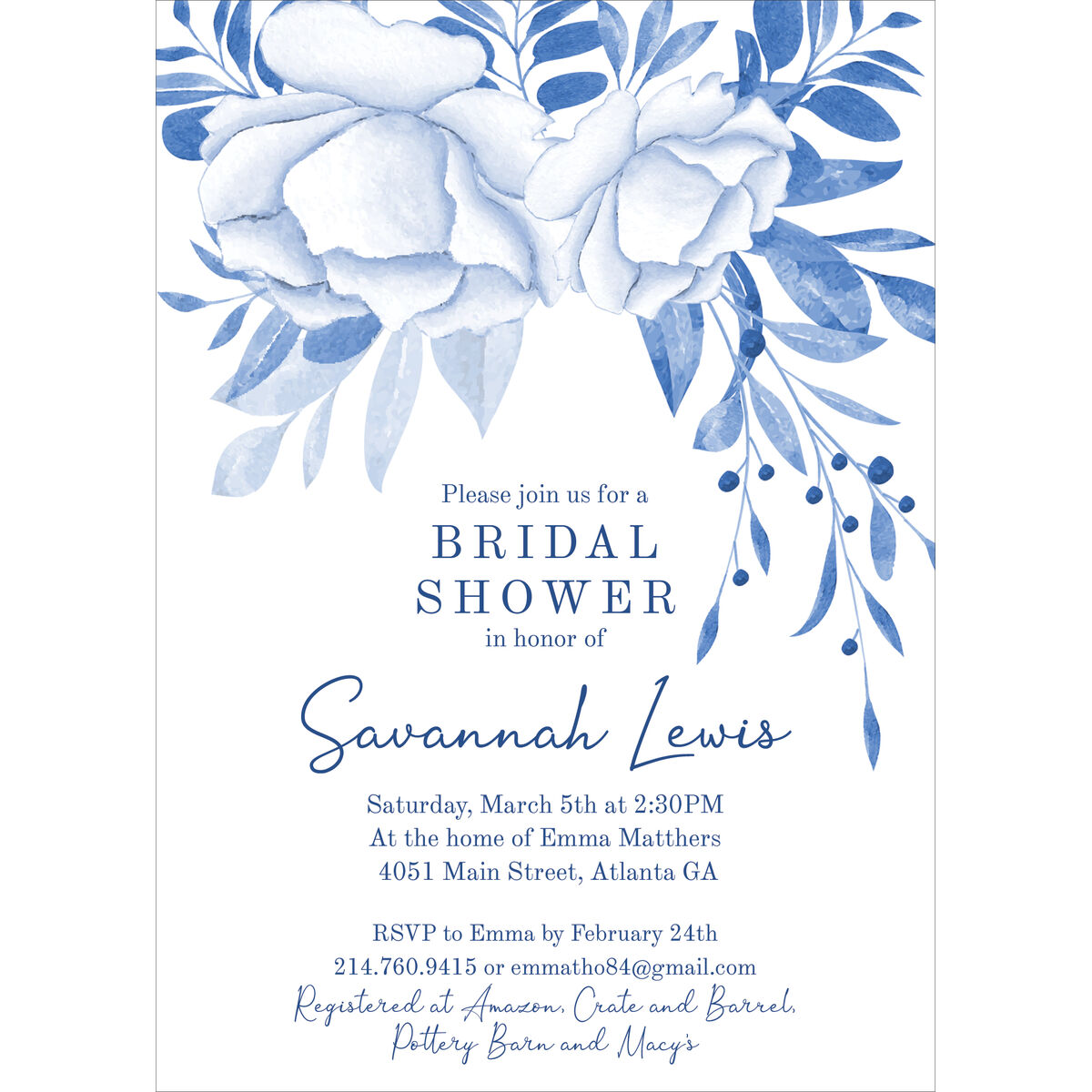 Custom Blue Rose Vine Invitations